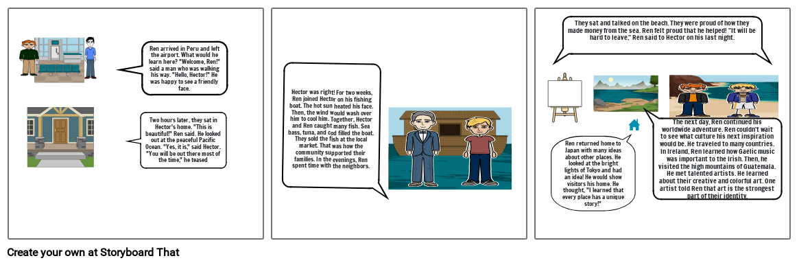 Ren's Adventure Across Different Countries Storyboard