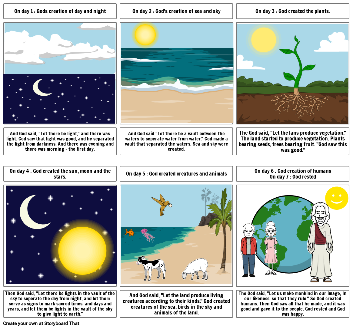 On day 1 : Gods creation of day and night On day 2 ...