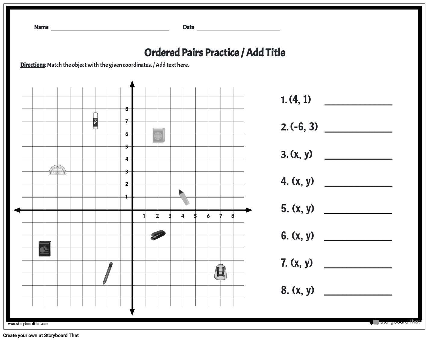 Coordinates Worksheet with Classroom Objects - BW