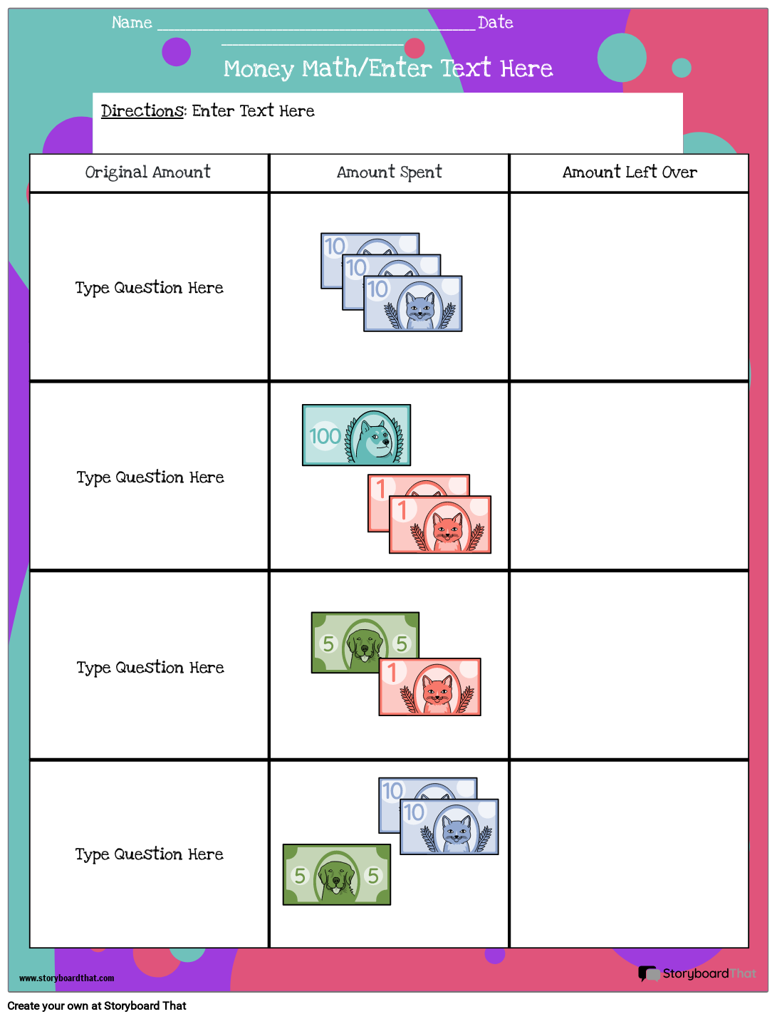 Money Worksheet with Colorful Background Storyboard