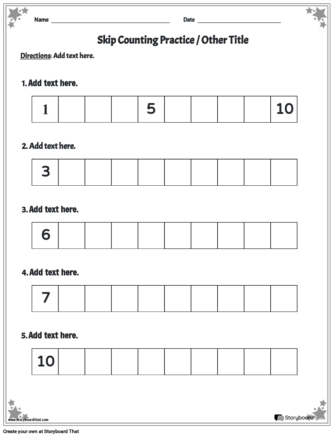 Skip Counting Worksheet with Star Border - BW