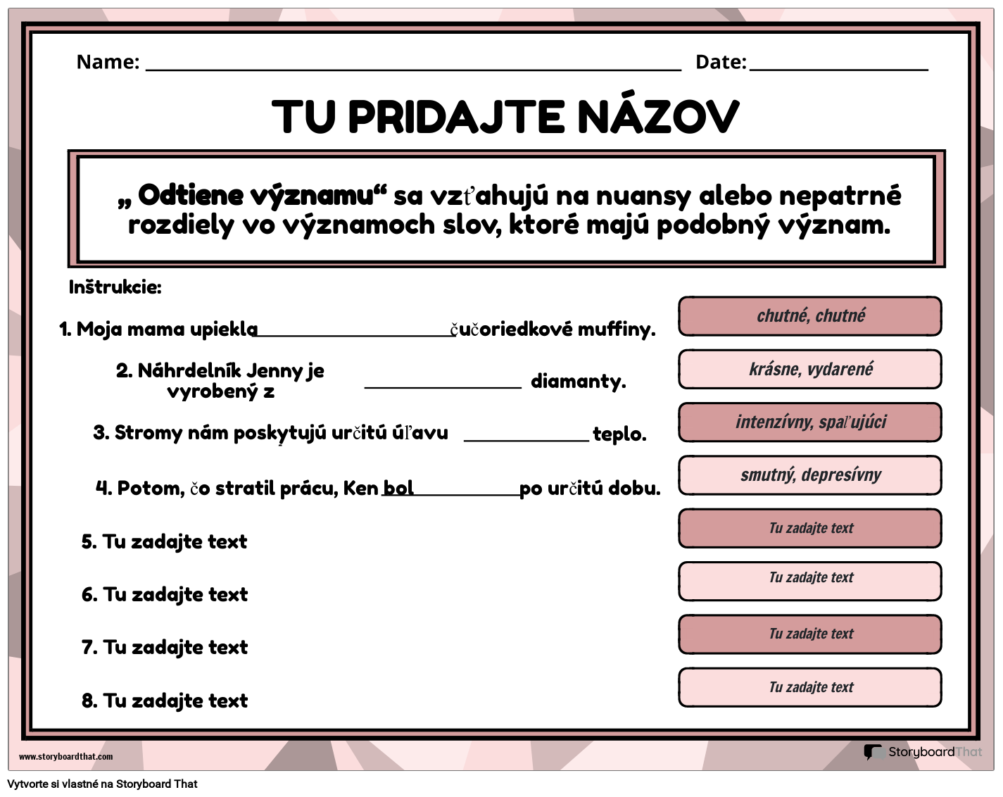 Dopĺňanie viet silnejšími slovami - Pracovný list Odtiene významu