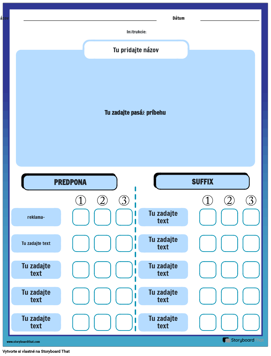 Pracovný List Počítanie Prípon a Predpôn Storyboard