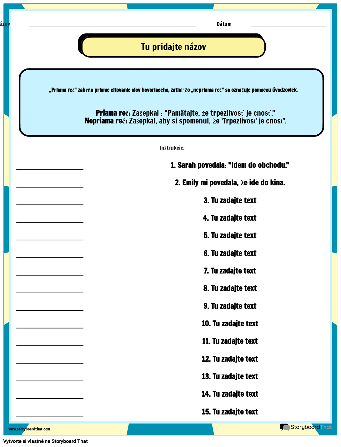 Pracovný List Priama reč a Úvodzovky Storyboard