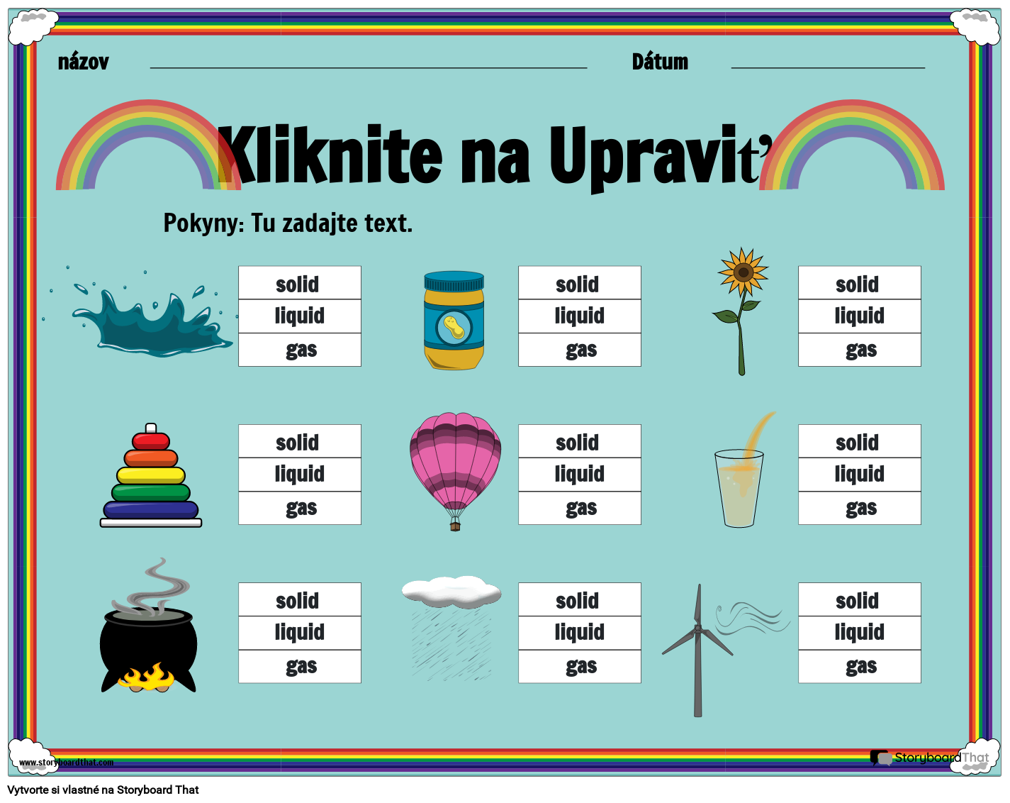 Pracovný List Stavy Hmoty s Rainbow Storyboard