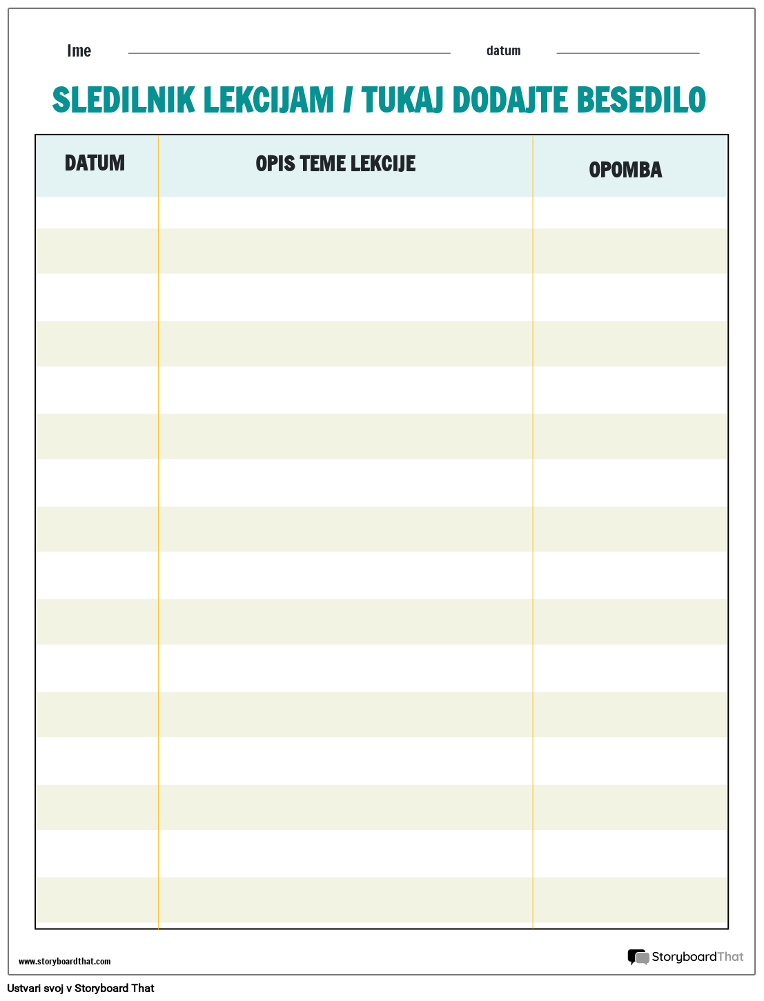 Delovni list tabele za tiskanje Storyboard por sl-examples