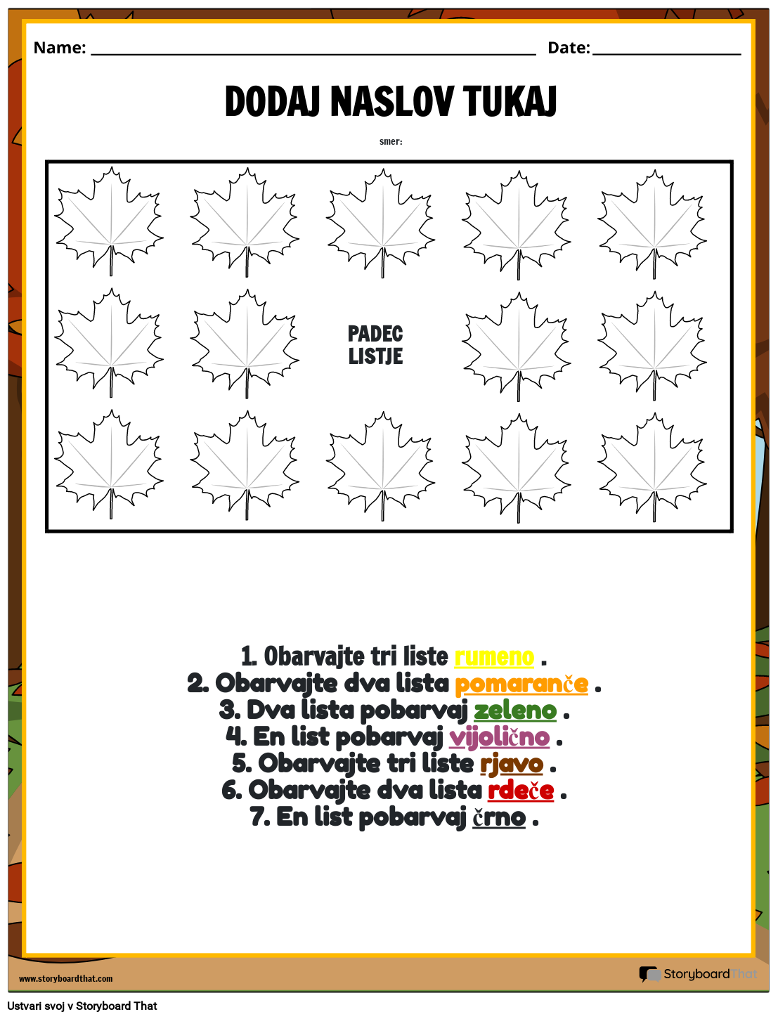 Delovni List z Navodili za Sledenje Jeseni Storyboard
