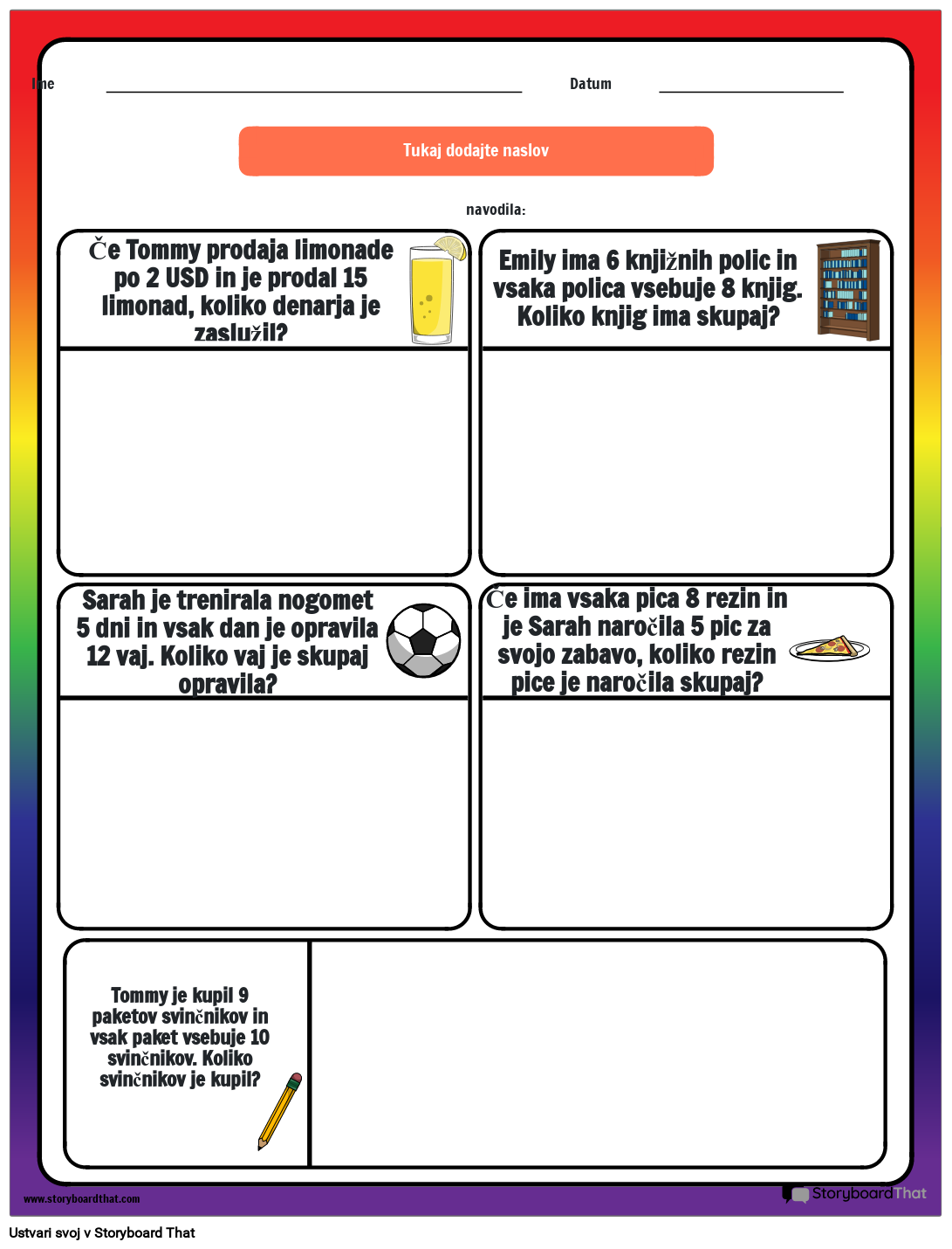 Matematične besedilne naloge o množenju Storyboard