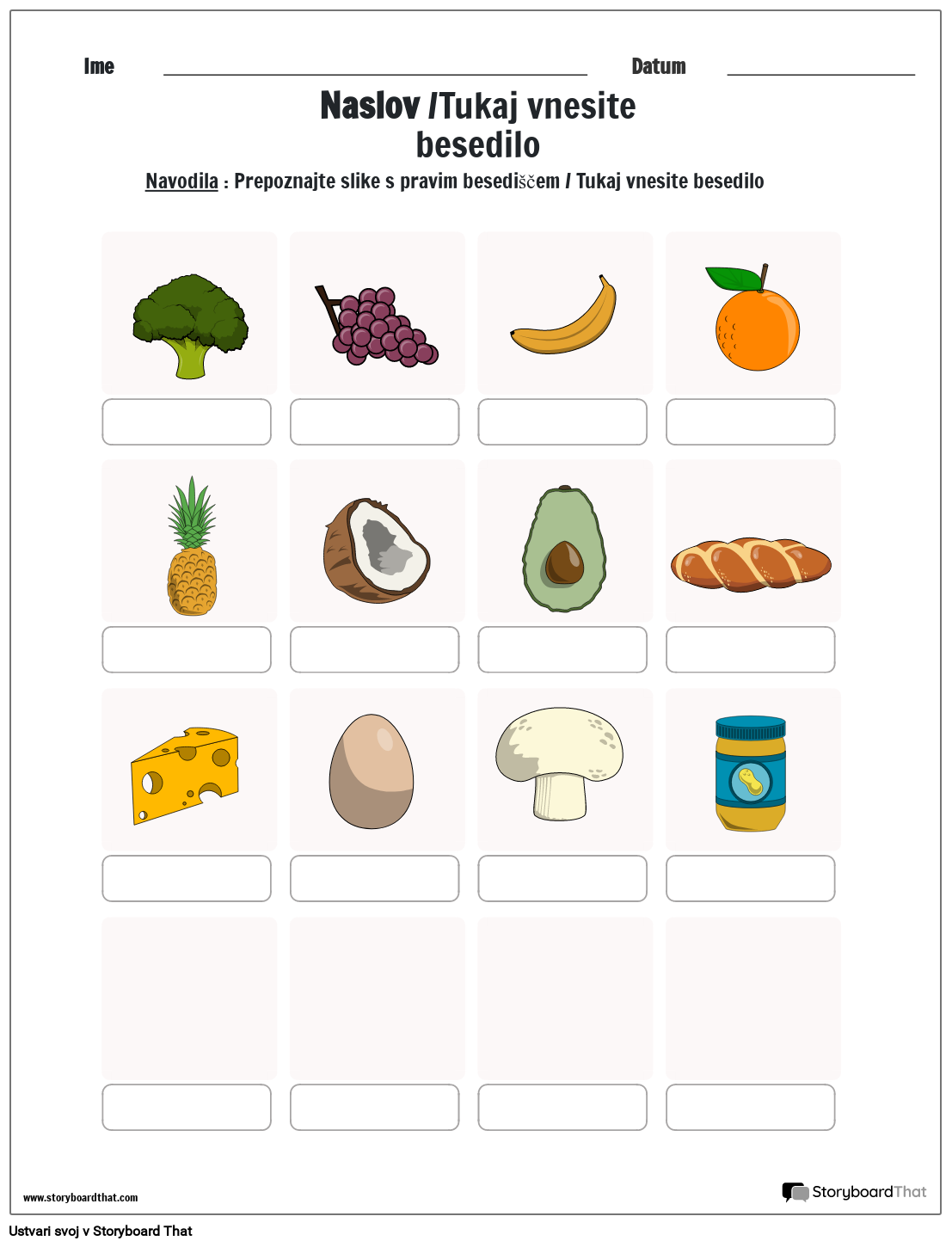 Predloga za identifikacijski besednjak Storyboard Predloga za identifikacijski besednjak Storyboard