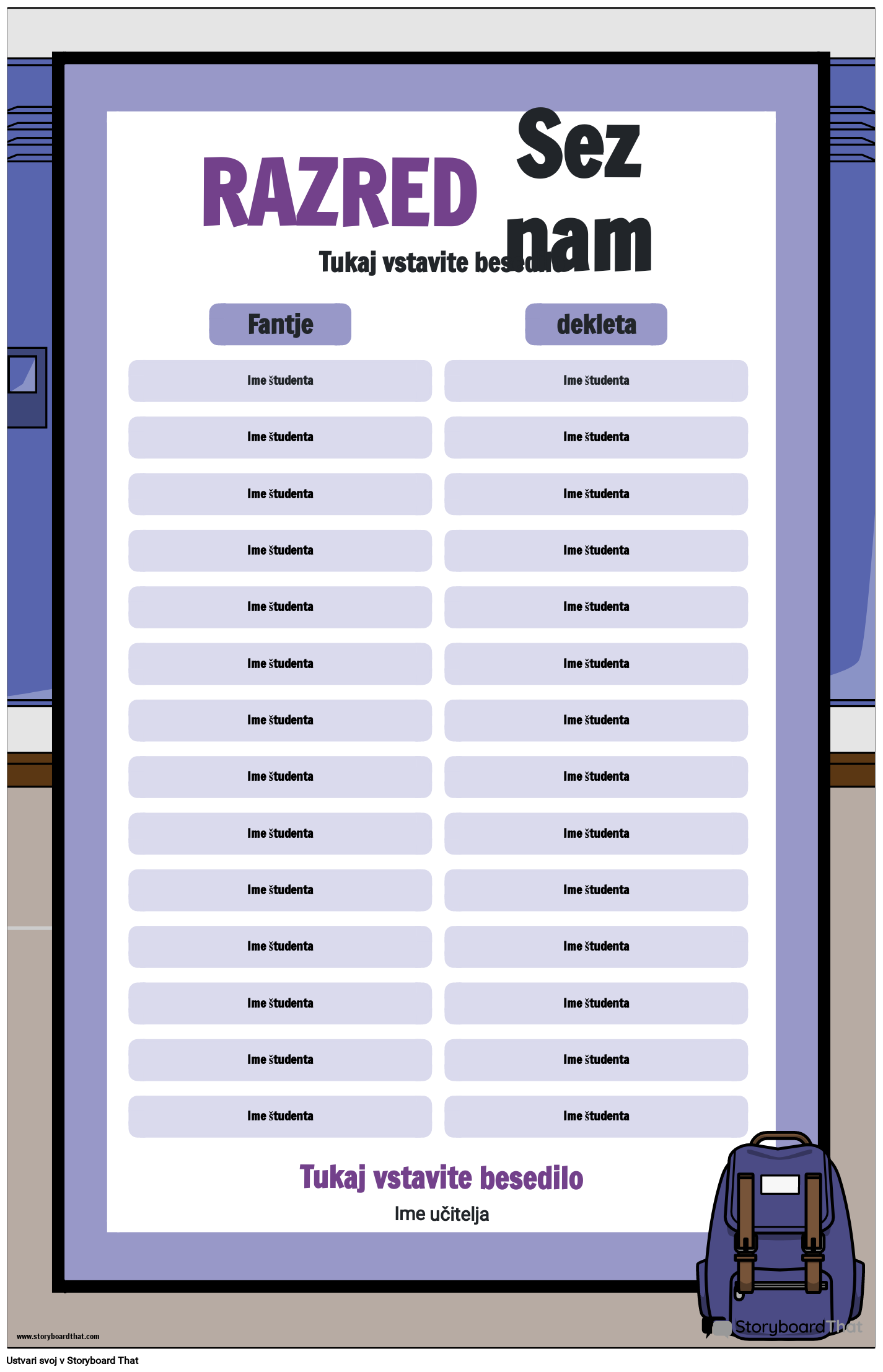 Seznam Razredov v Vijolični in Beli Barvi Storyboard
