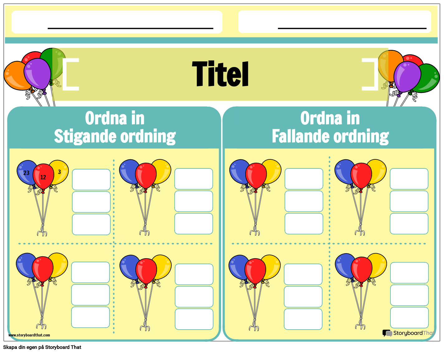 Ballong-tema Beställningsnummer Arbetsblad Storyboard