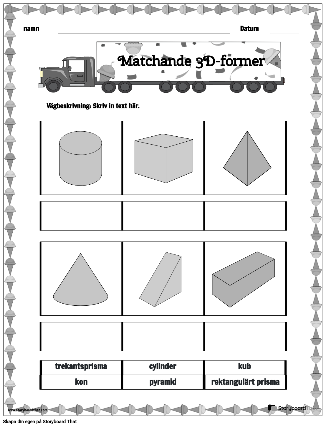 Ice Cream 3D Shapes Arbetsblad B&W Storyboard av sv-examples