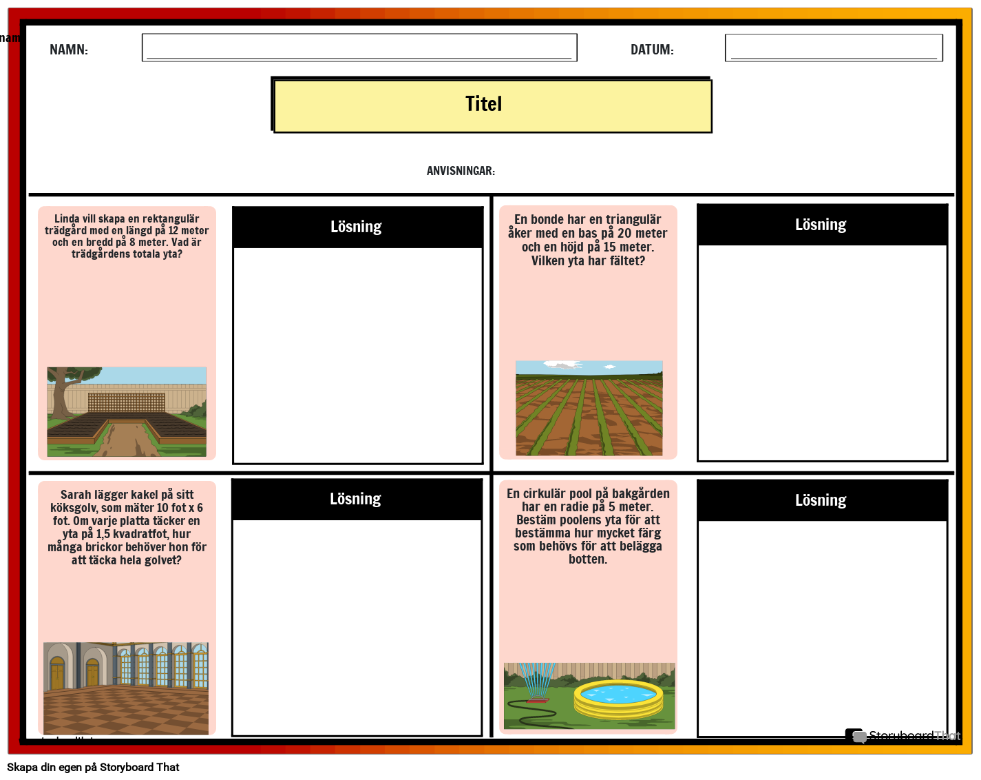 Math Word Problem som involverar område Storyboard