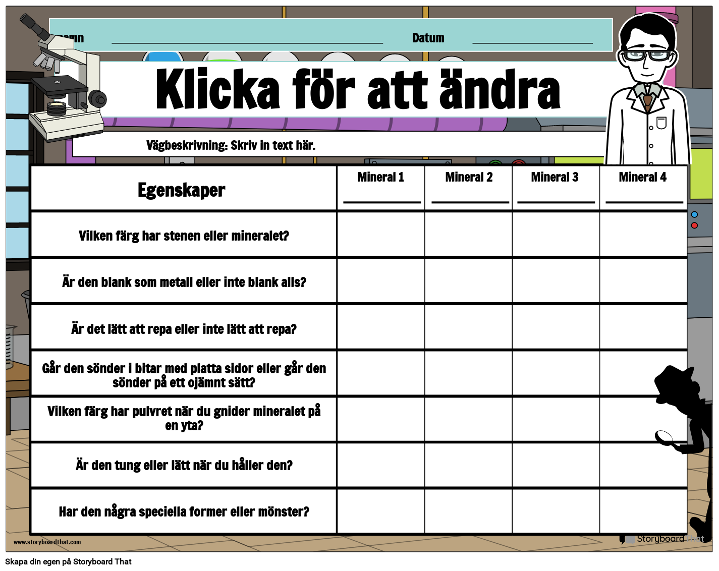 Mineraler och egenskaper Arbetsblad med laboratorieplats