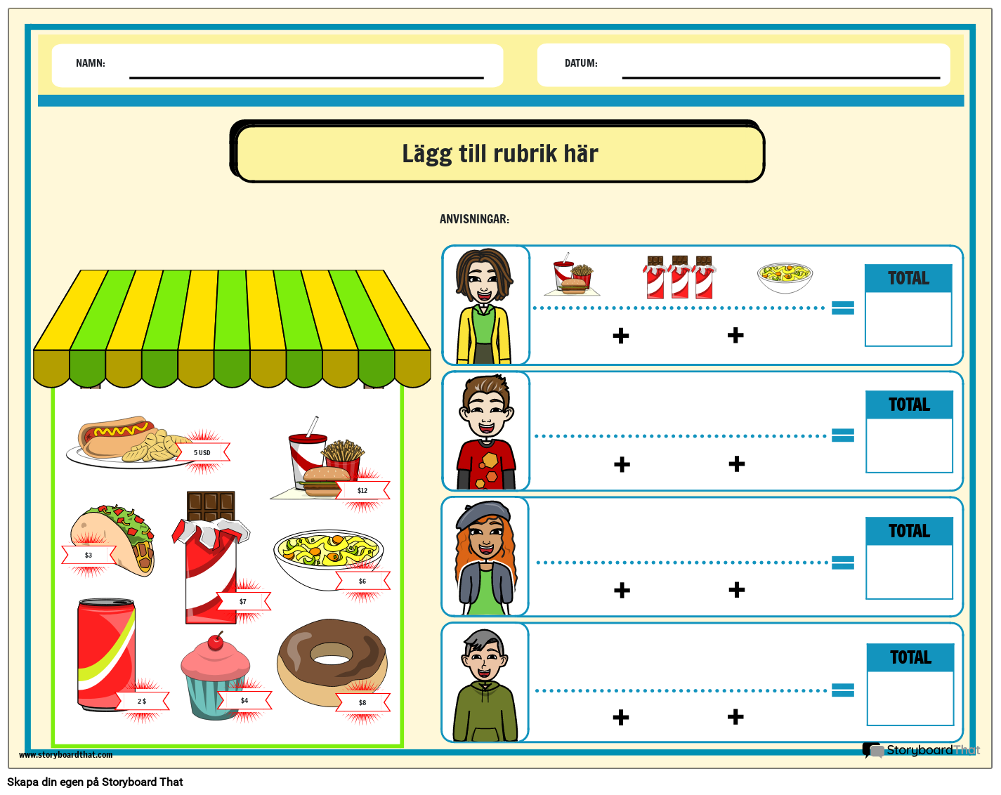 Total Kostnad - Math Game Worksheet Storyboard