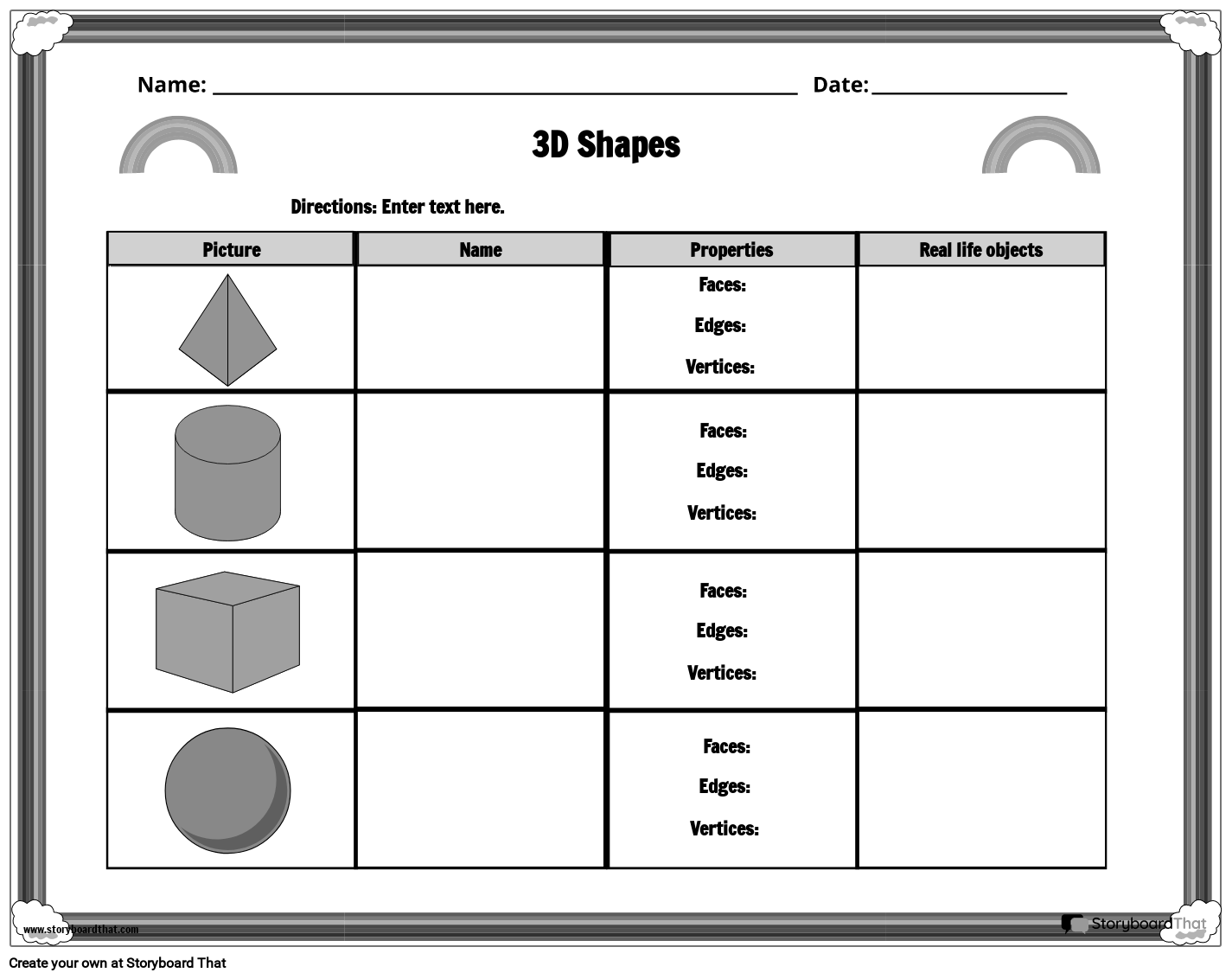 3D Shapes Worksheet with Rainbow B&W Storyboard