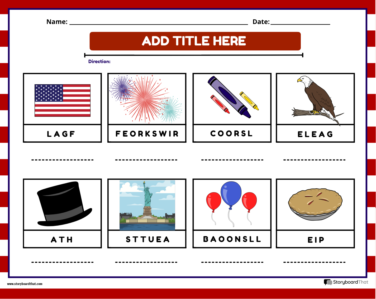 4th of July Scrambled Words Worksheet Storyboard