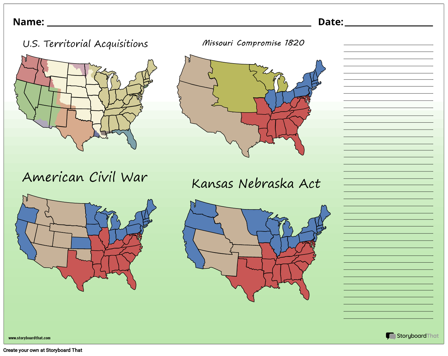 History Based Color Coded 50 States Template Storyboard