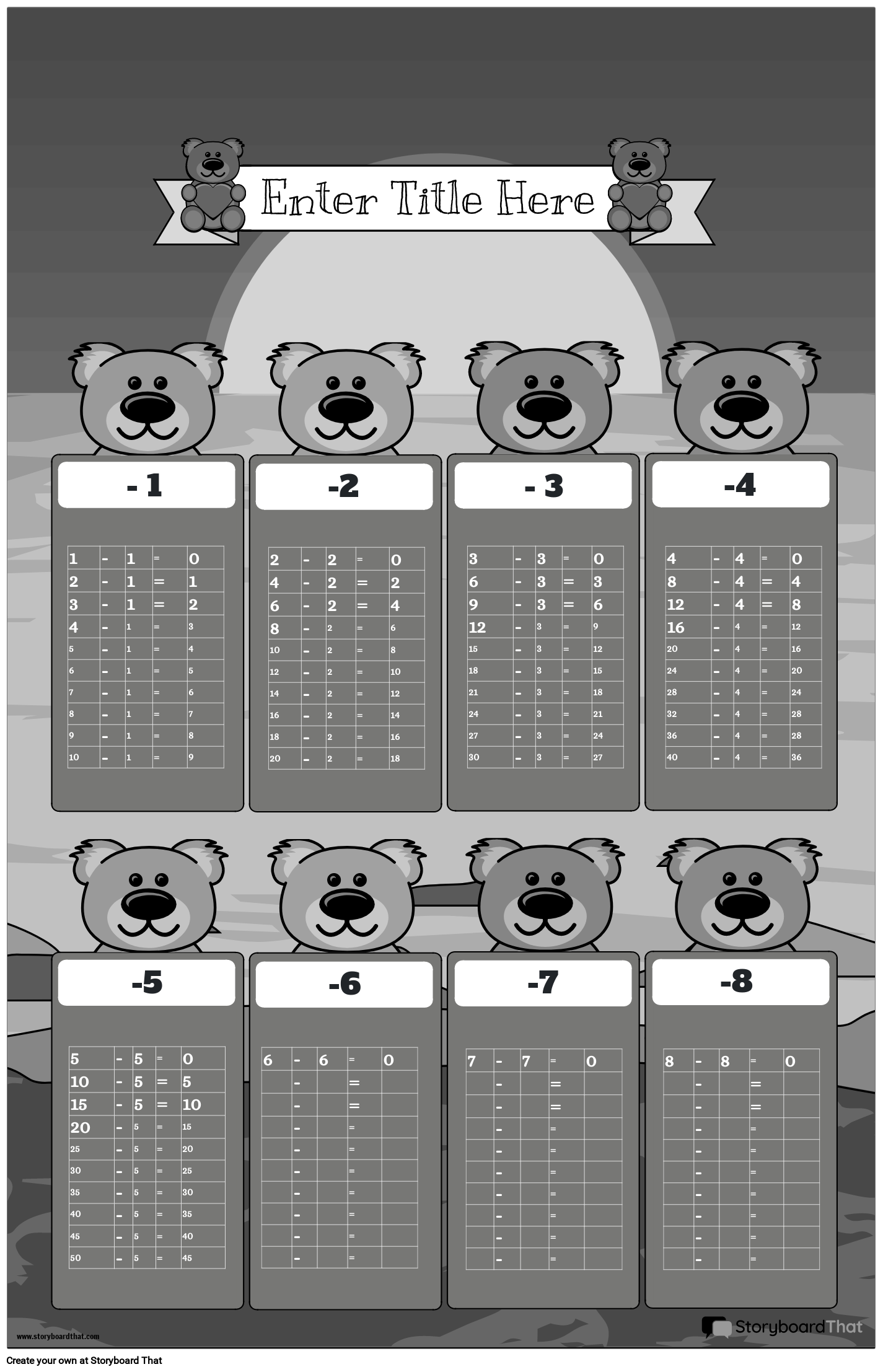Bear-Themed Subtraction Chart Poster Storyboard
