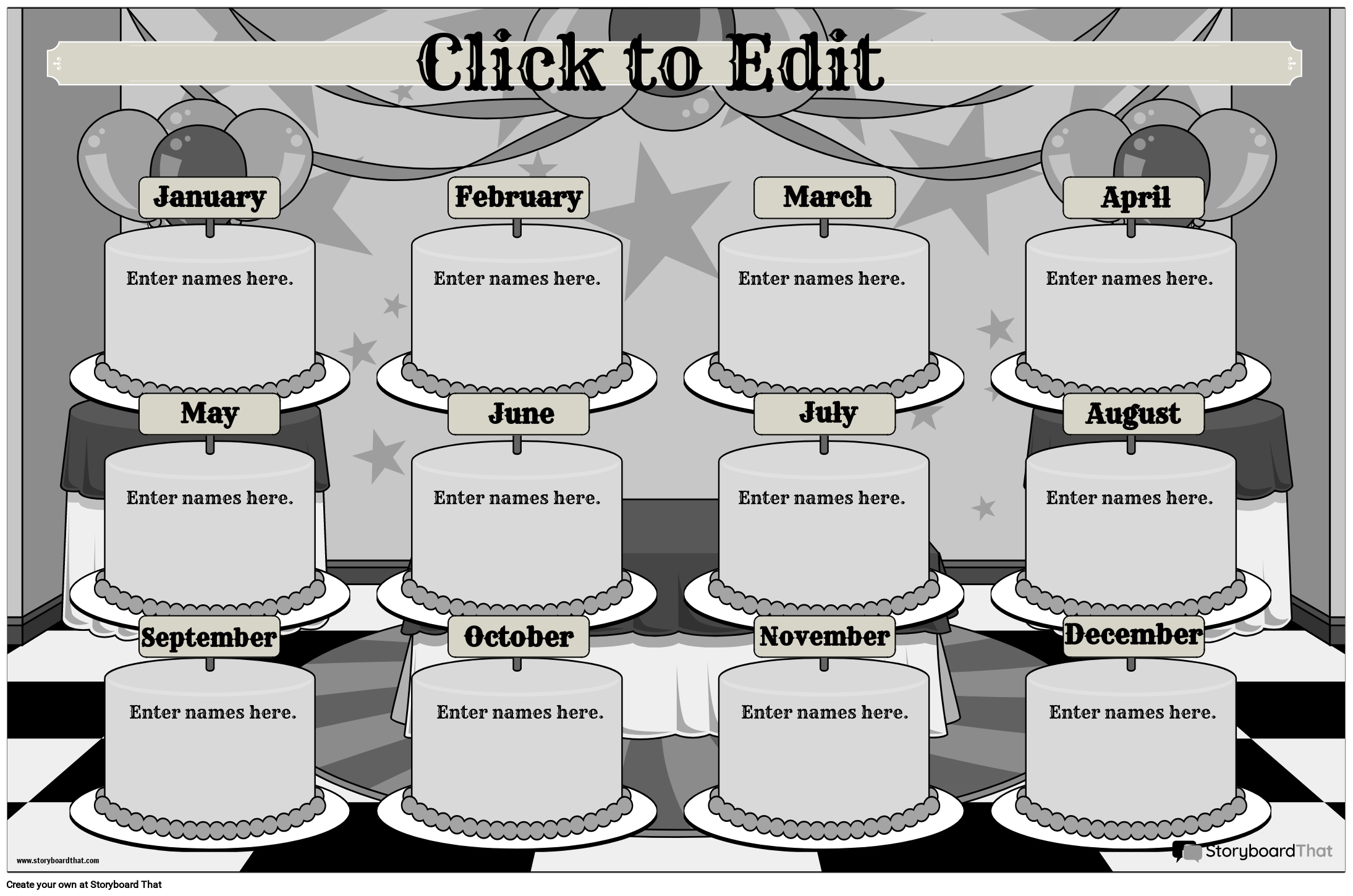 Birthday Poster Featuring Birthday Cakes B&W Storyboard