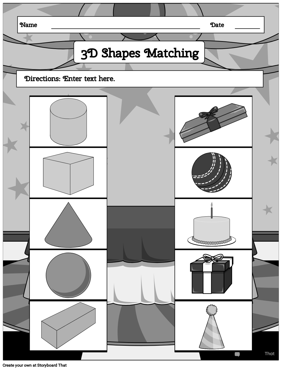 Birthday-themed 3D Shapes Worksheet B&W Storyboard