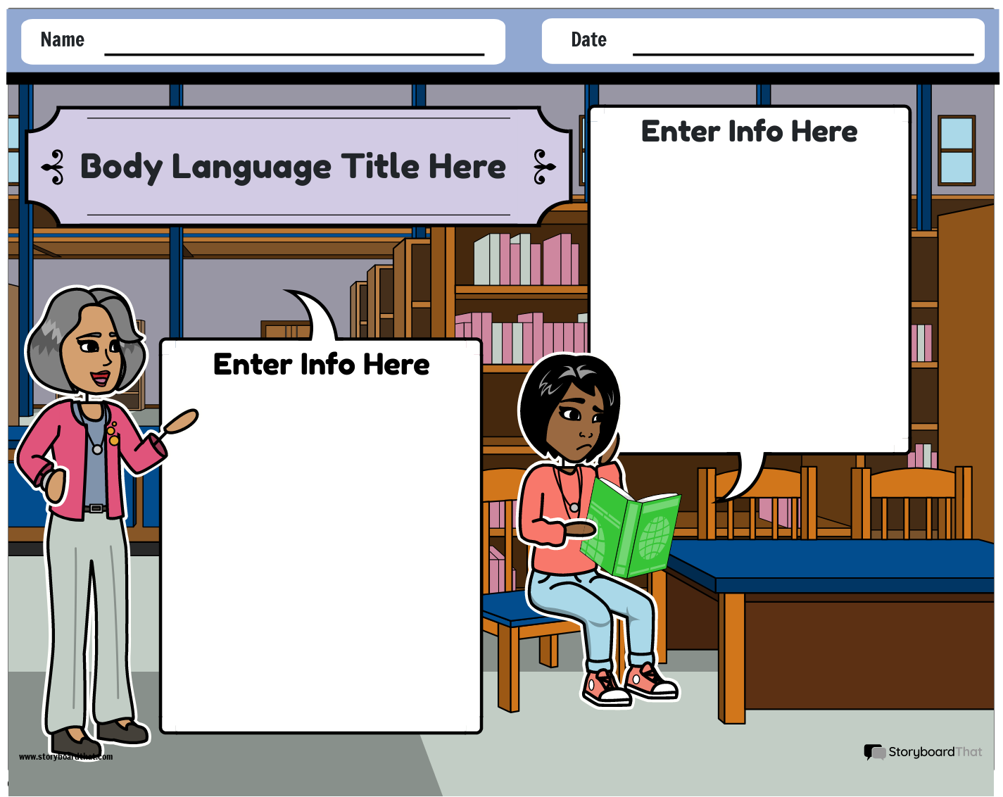Body Language Worksheet with a Library Theme Storyboard