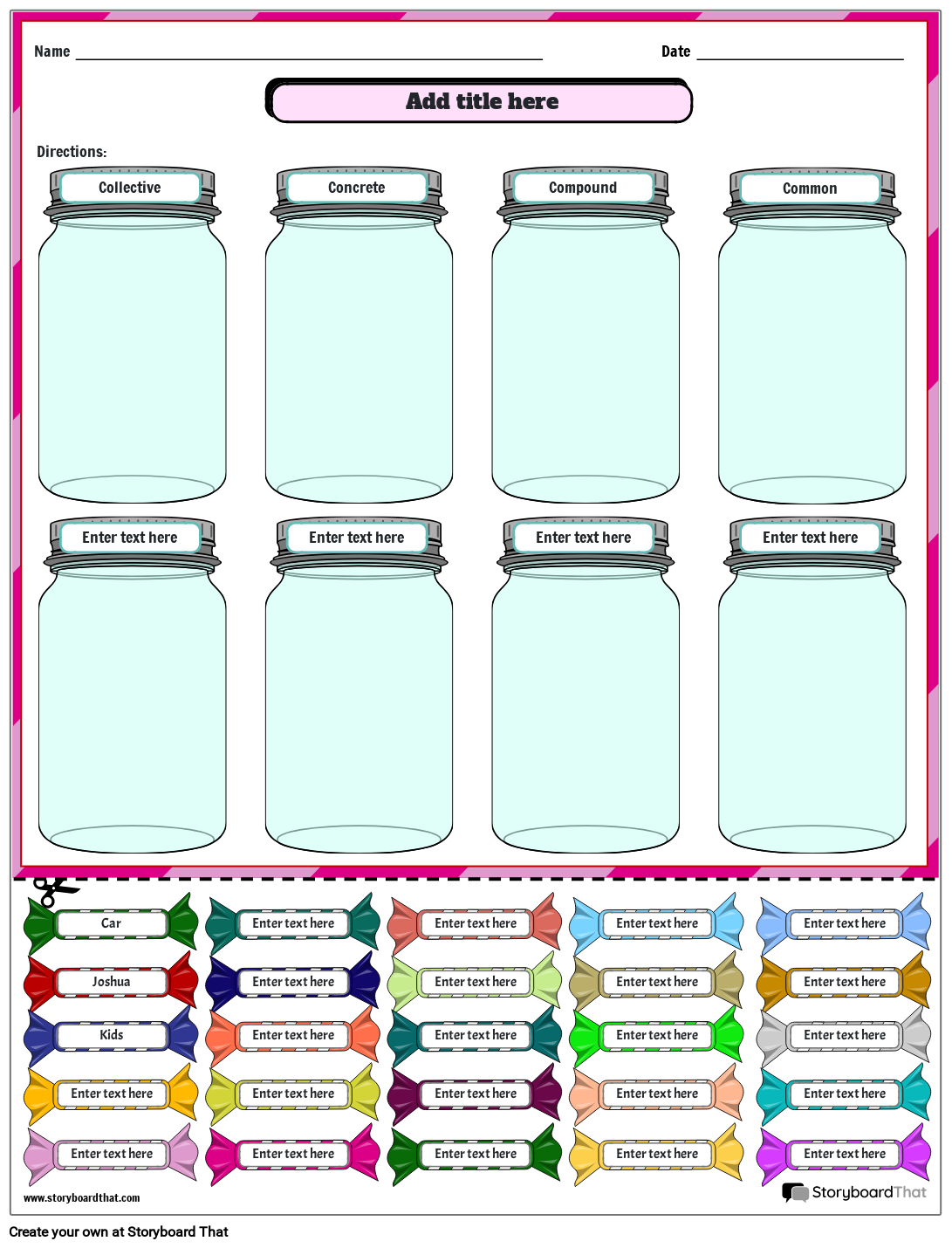 Candy-themed Types of Nouns Worksheet Storyboard