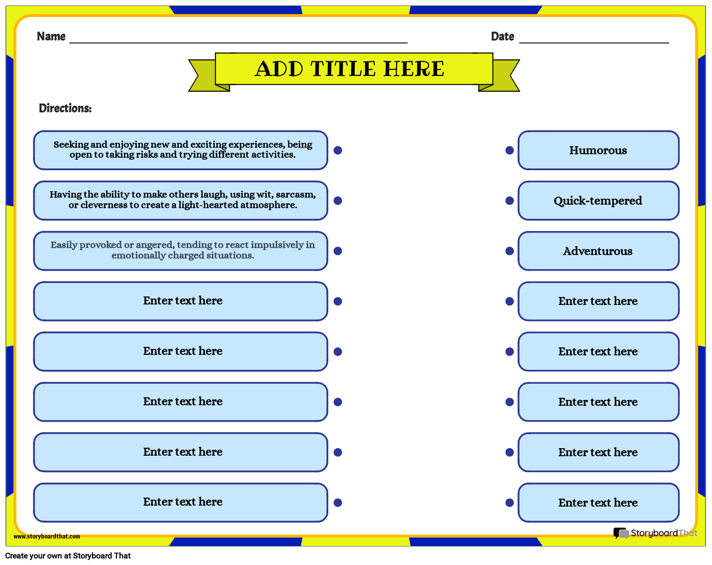 Character Traits Vocabulary Worksheet Storyboard