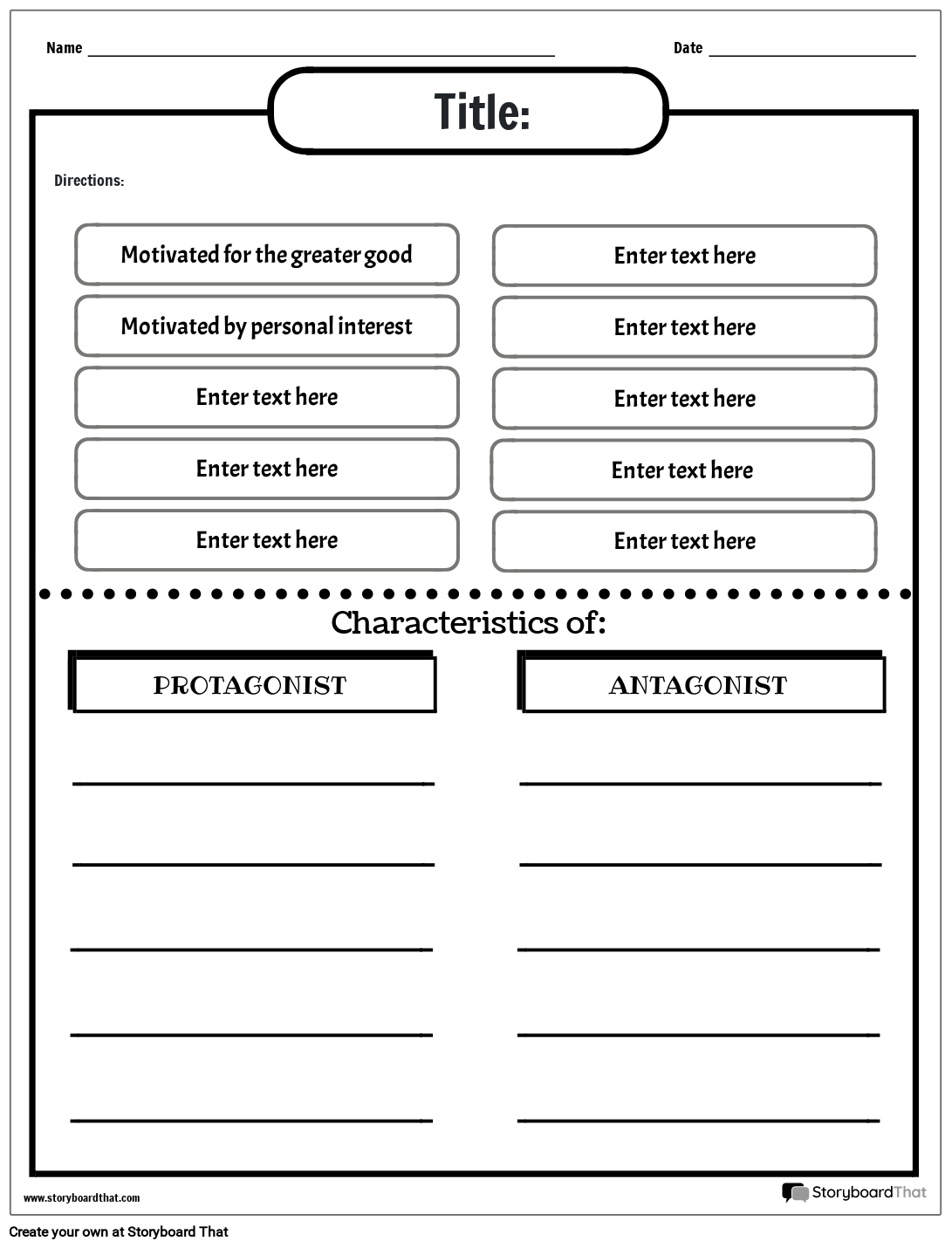 Characteristics of Protagonist Vs Antagonist Worksheet