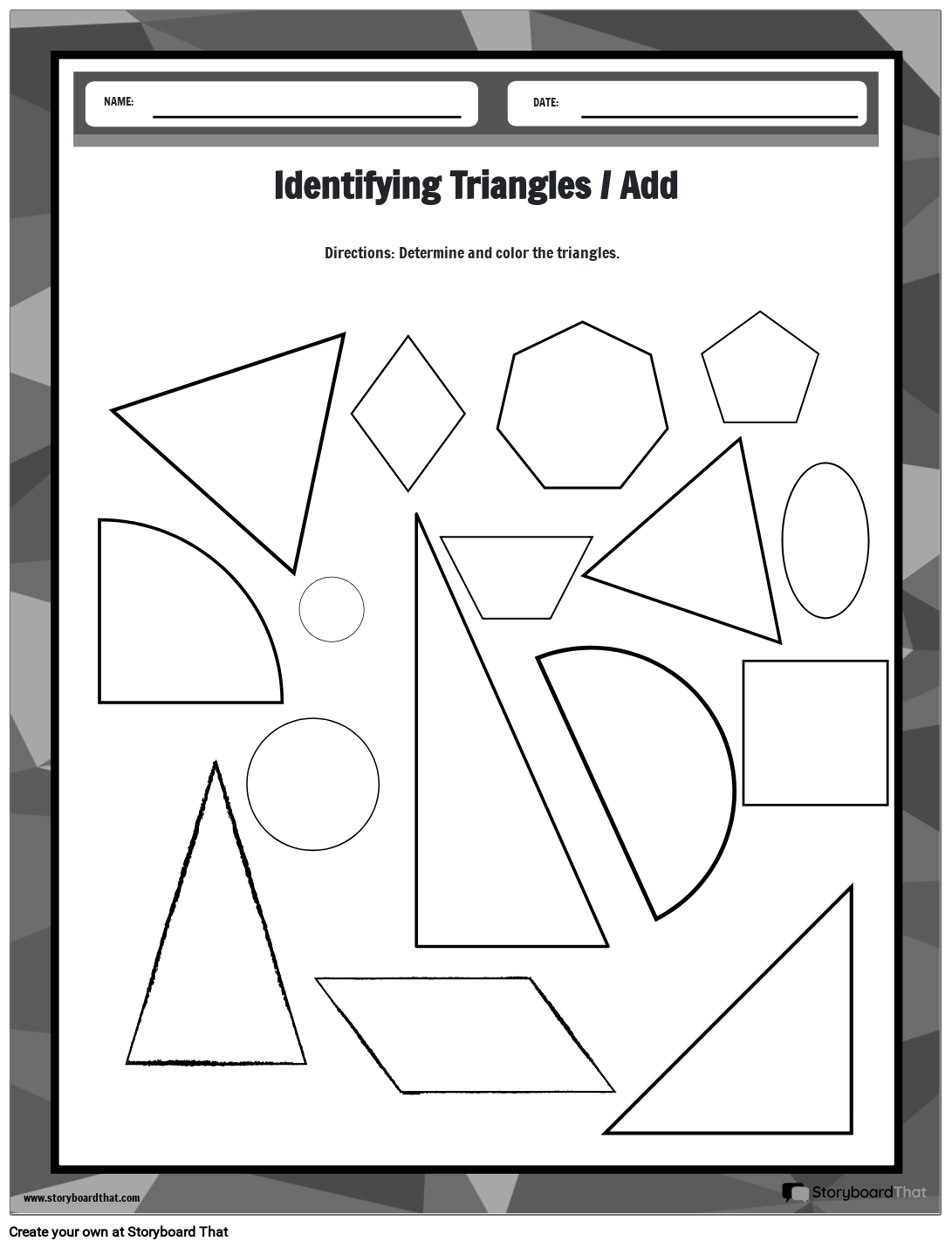 Coloring Triangle Worksheet with Different Shapes - BW