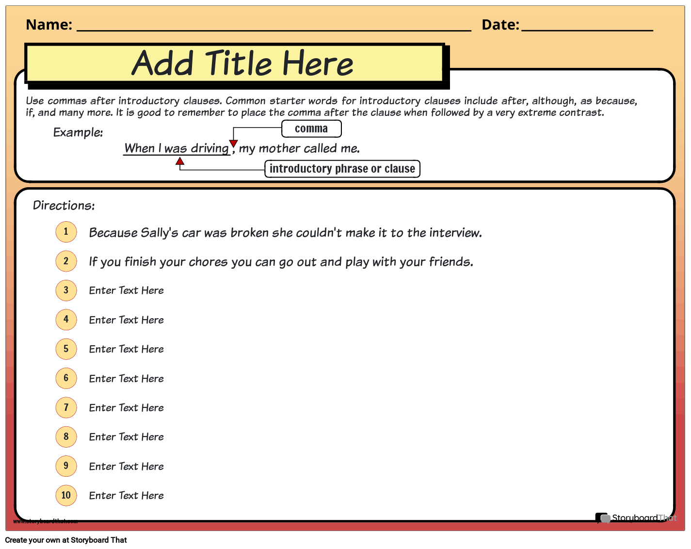 Commas after an Introductory Phrase or Clause Worksheet