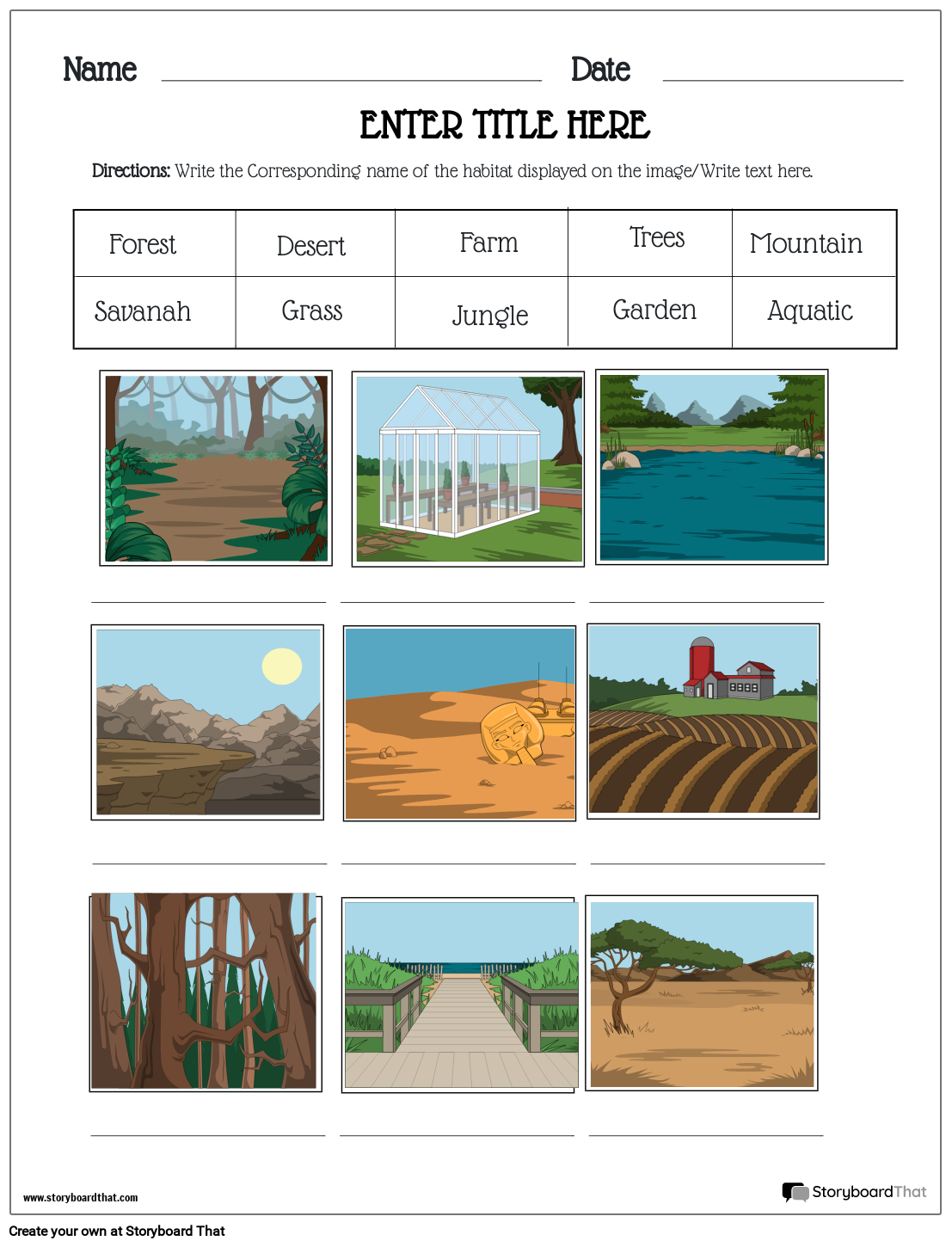 Customizable Physical Environment Worksheet Storyboard