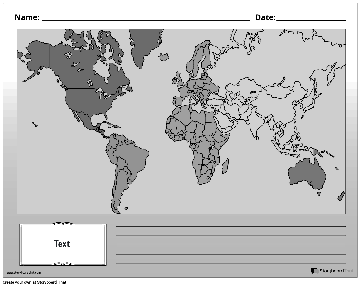 Landscape Grayscale Countries Map Worksheet with Text Area