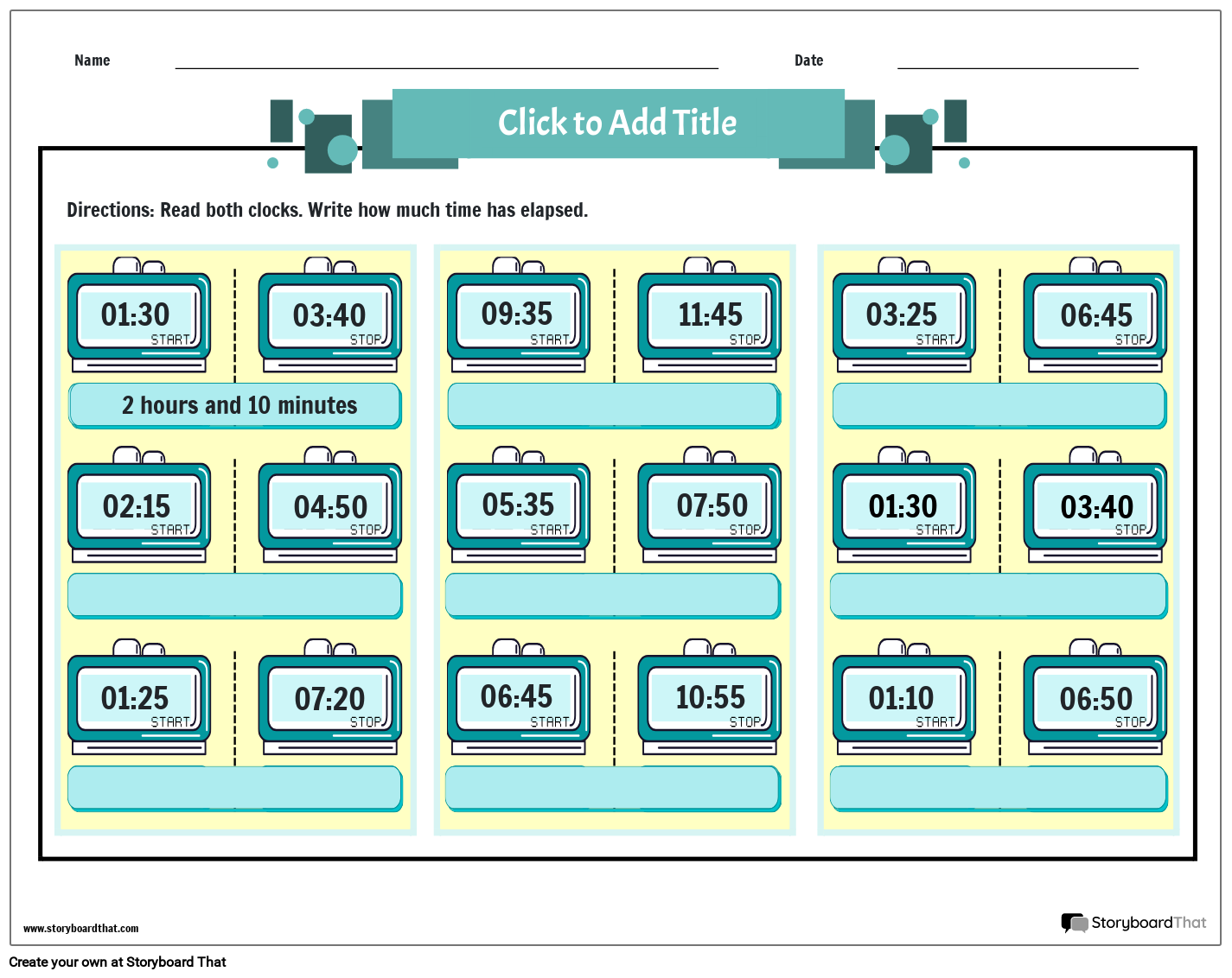 Elapsed Time Worksheet Digital Clocks Storyboard