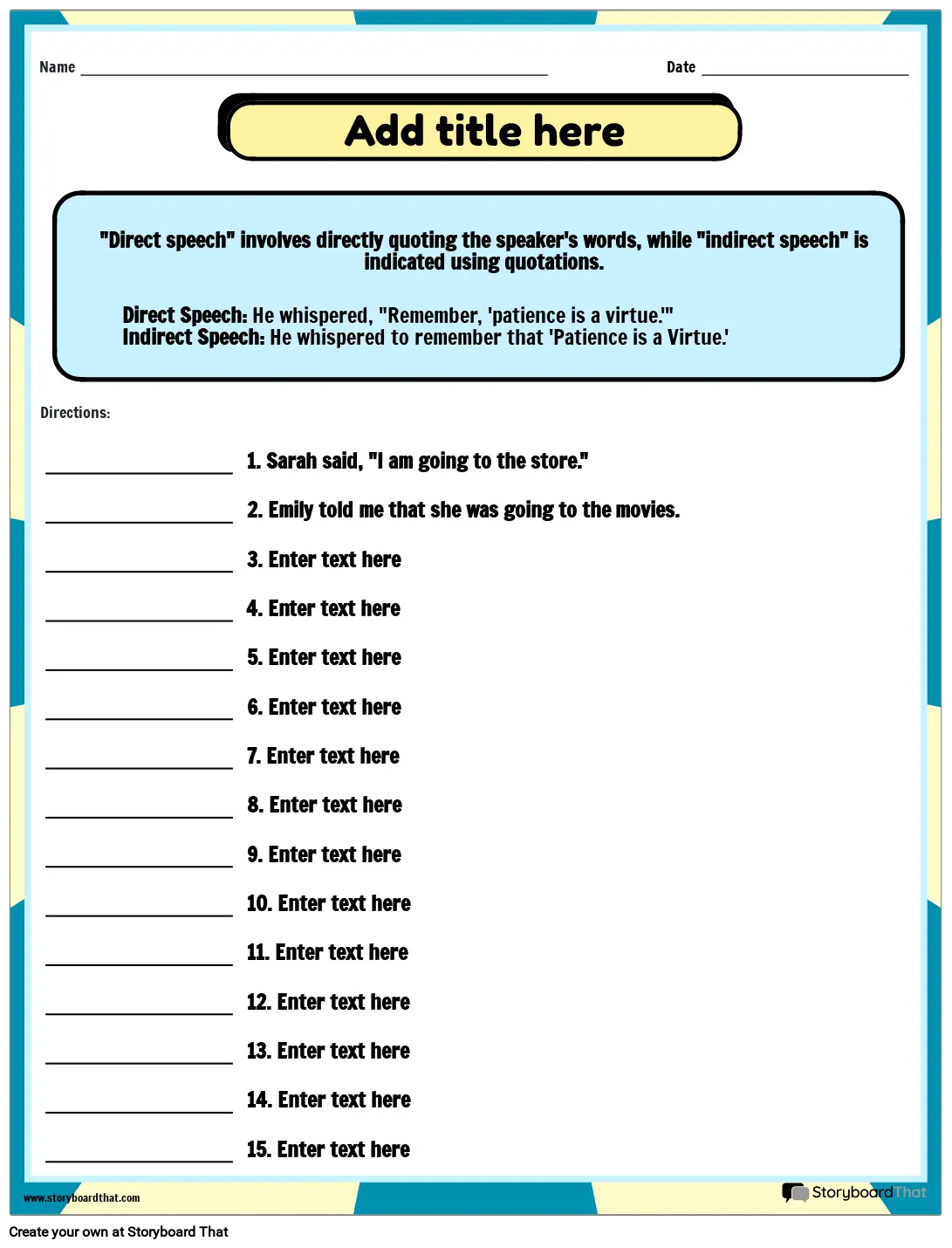 Direct Speech and Quotation Marks Worksheet Storyboard