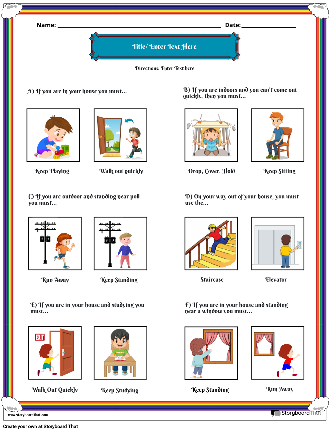 Earthquake Safety Worksheet with Rainbow Border