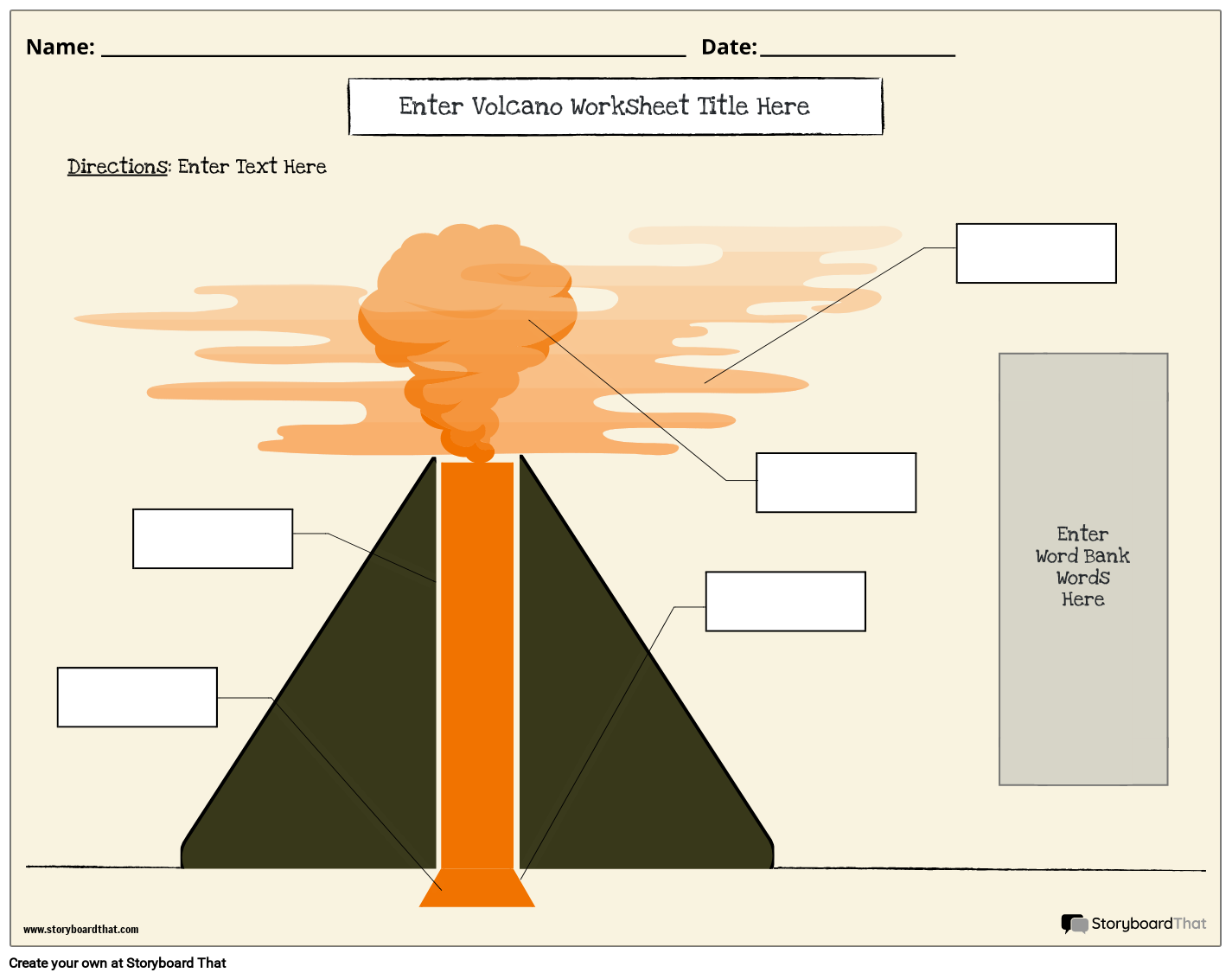 Landscape Orange Themed Volcano Worksheet Storyboard