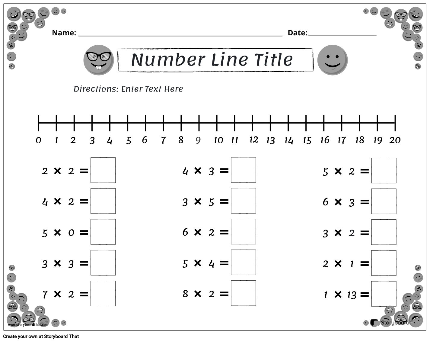 Smiley Face Themed Number Line Worksheet Storyboard