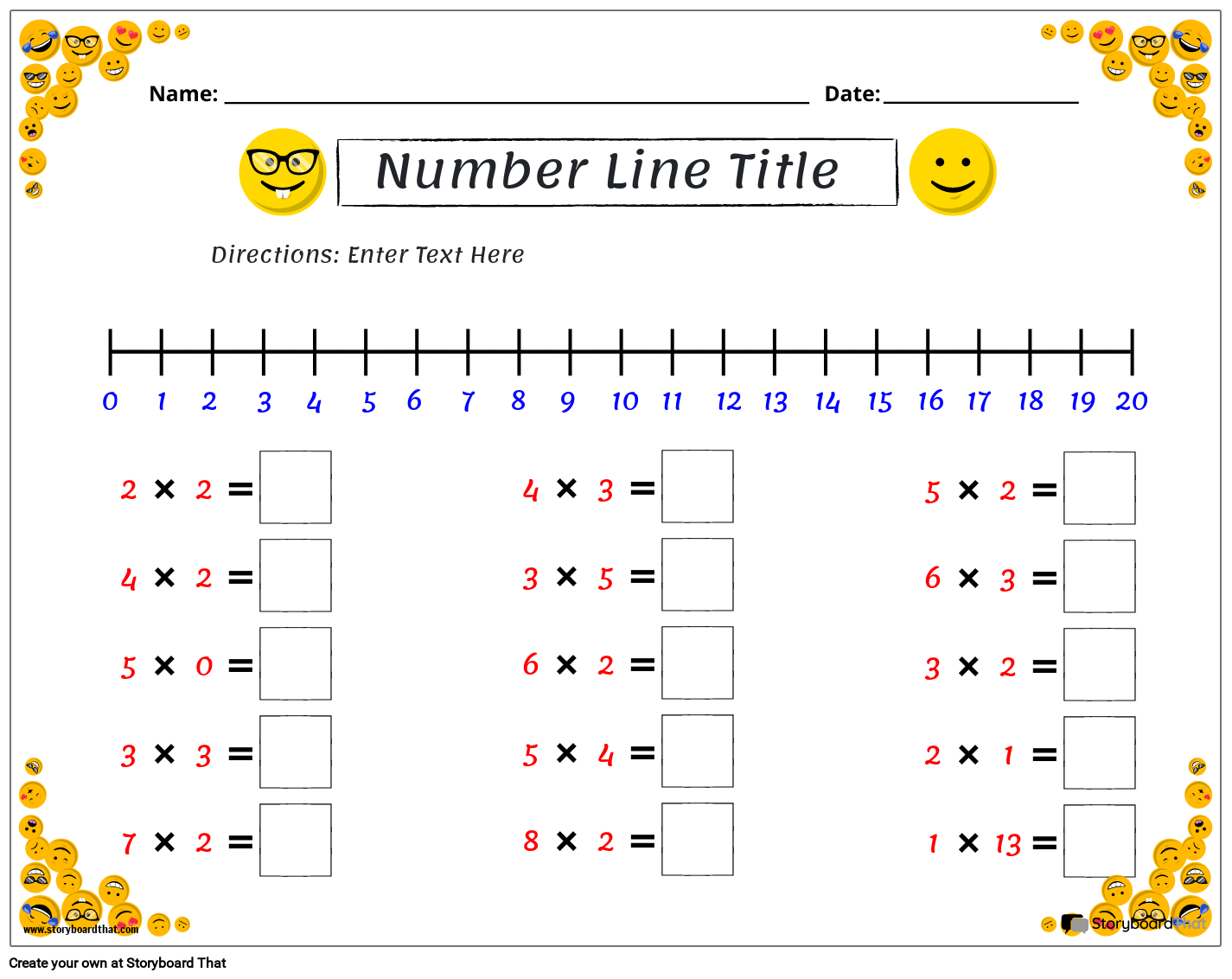 Emoji Themed Number Line Worksheet Storyboard por templates