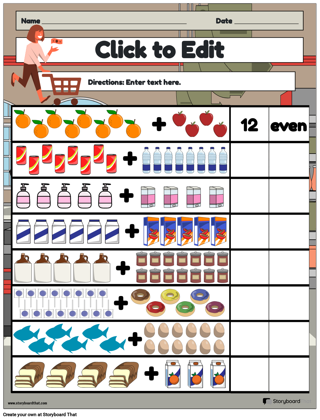 Even and Odd Worksheet Featuring Grocery Items