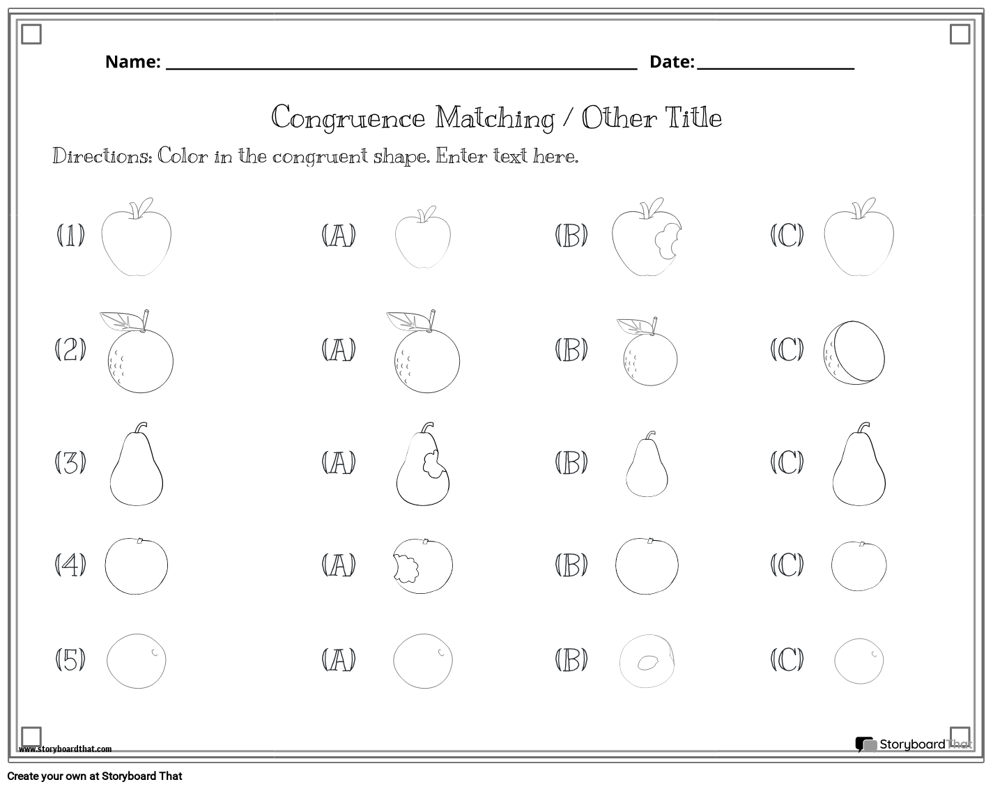 Fruits Congruent Shapes Worksheet - BW Storyboard