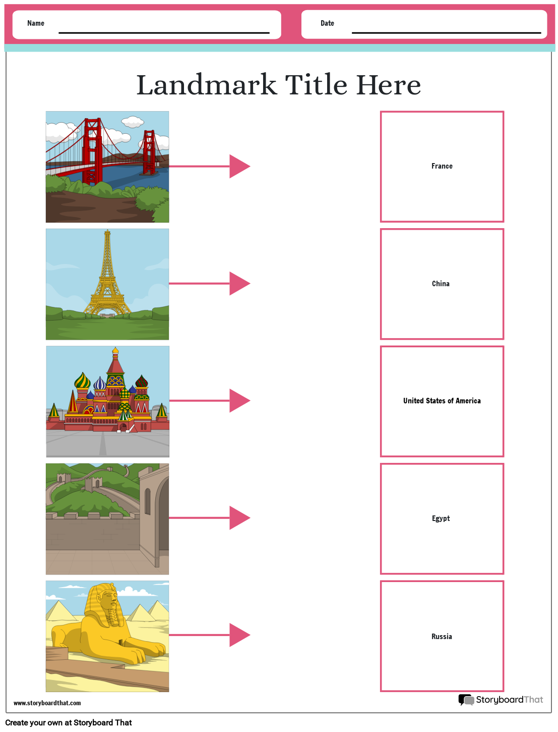 Colorful Pictures-Based Landmarks Worksheet Storyboard