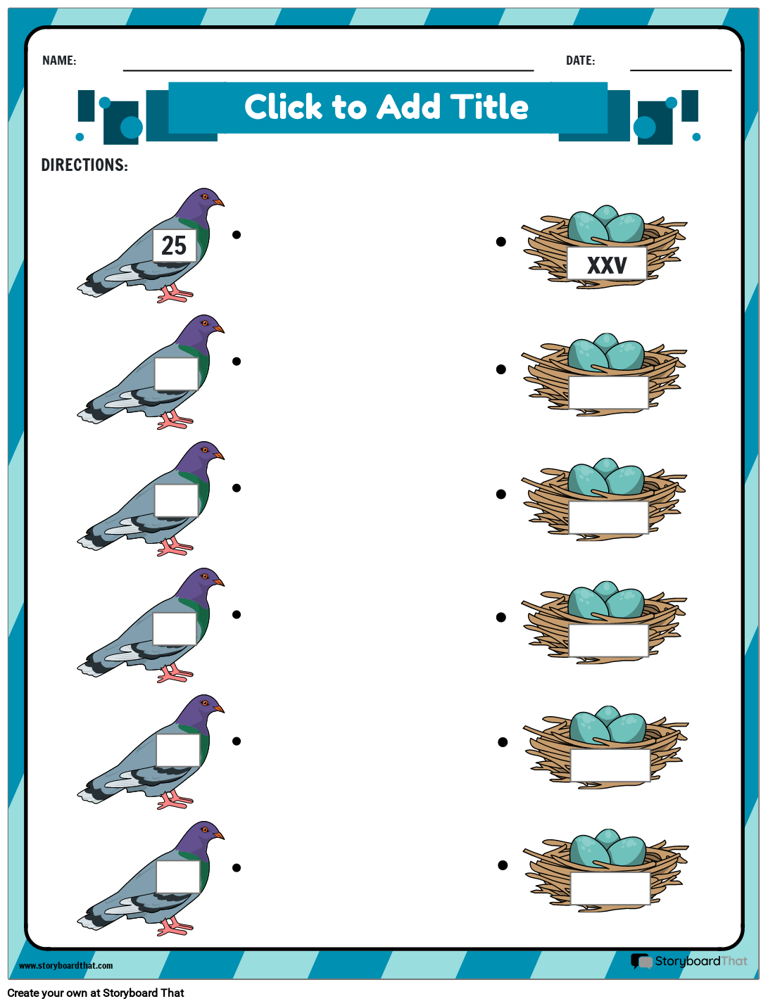 Match: Bird & Nest Themed - Roman Numerals Worksheet