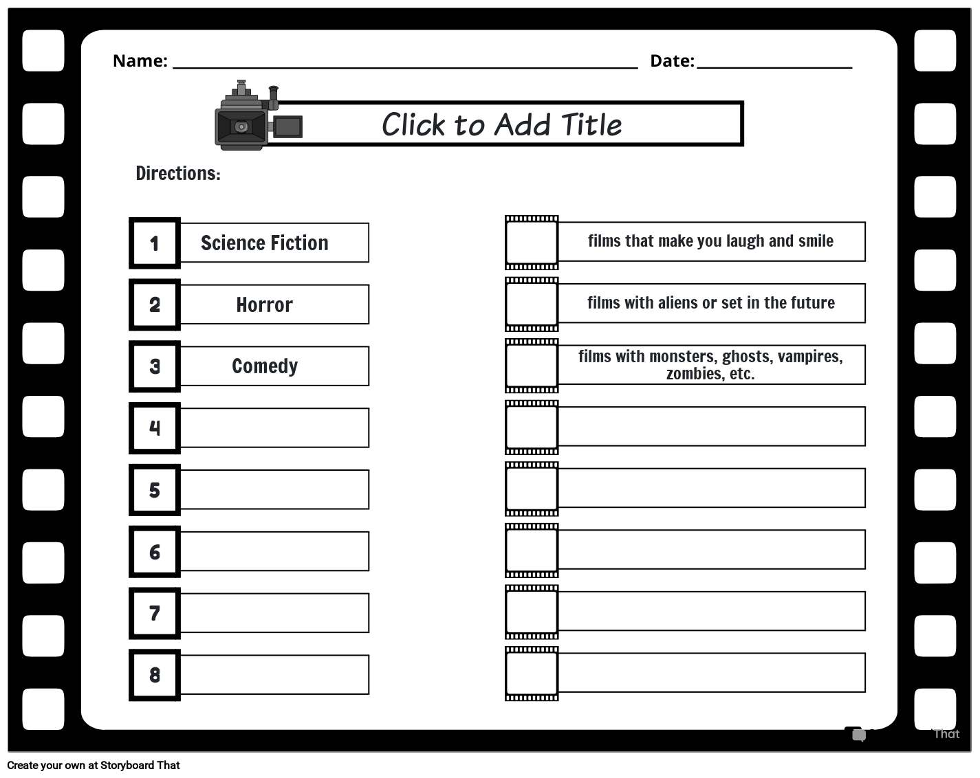 Match: Film Genre Worksheet Storyboard by templates