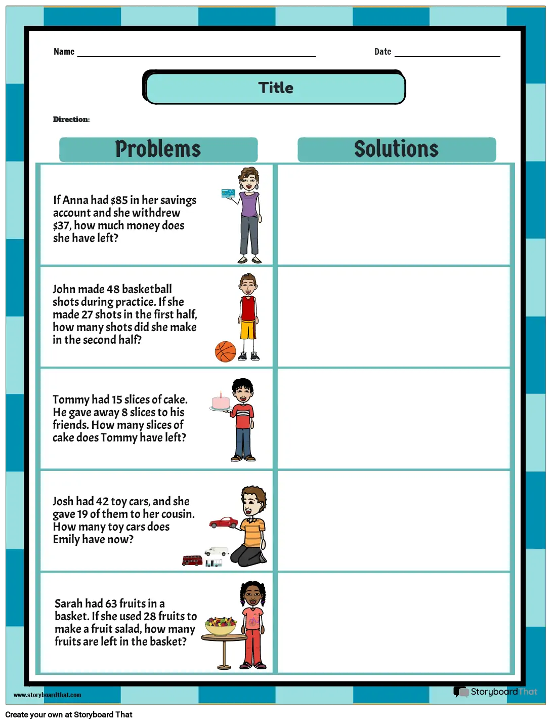 Math Word Problems about Subtraction Storyboard
