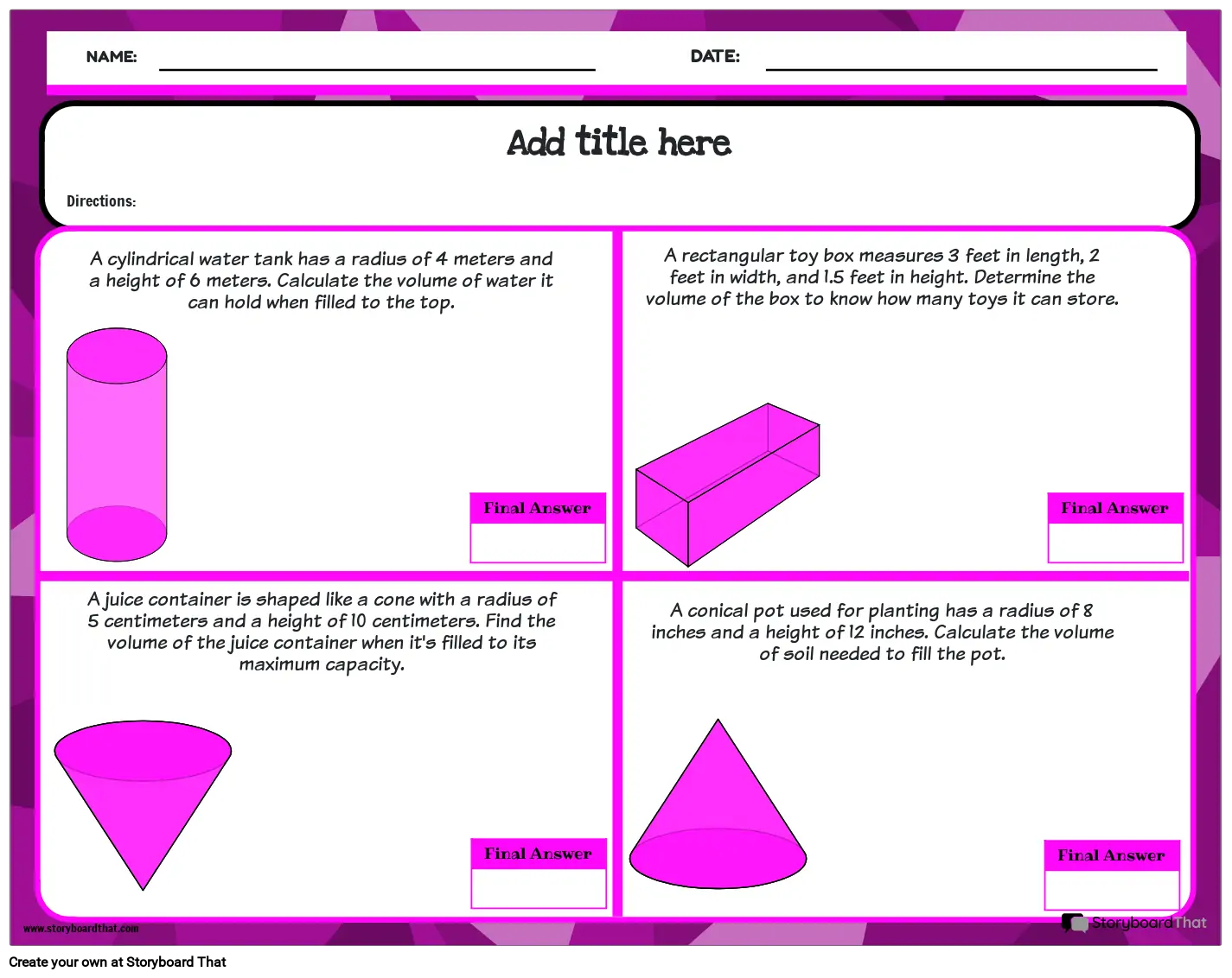Math Word Problems involving Volume Storyboard Math Word Problems involving Volume Storyboard