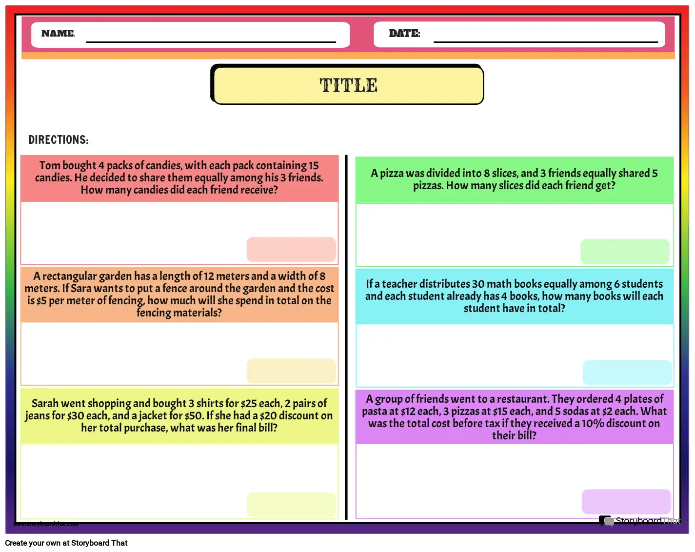 Math Word Problems using Order of Operations Storyboard