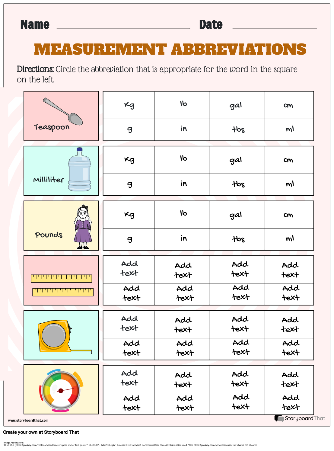 Measurement Abbreviations Storyboard Por Templates