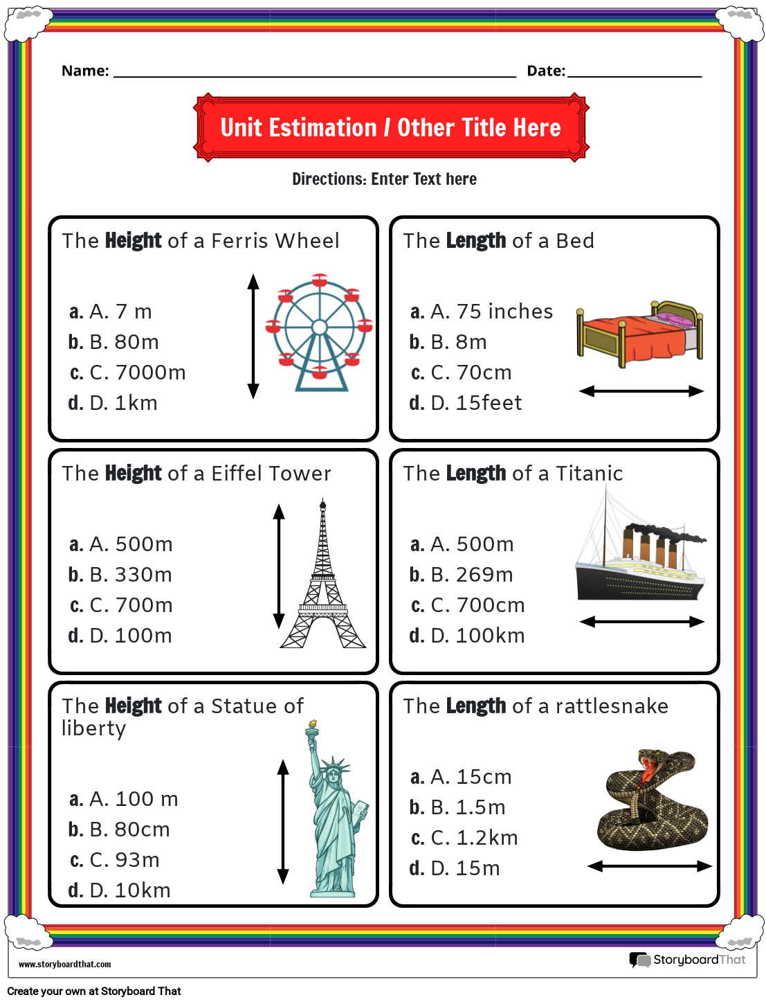 Measurement Of Items Metric System Worksheet With Rainbow Border