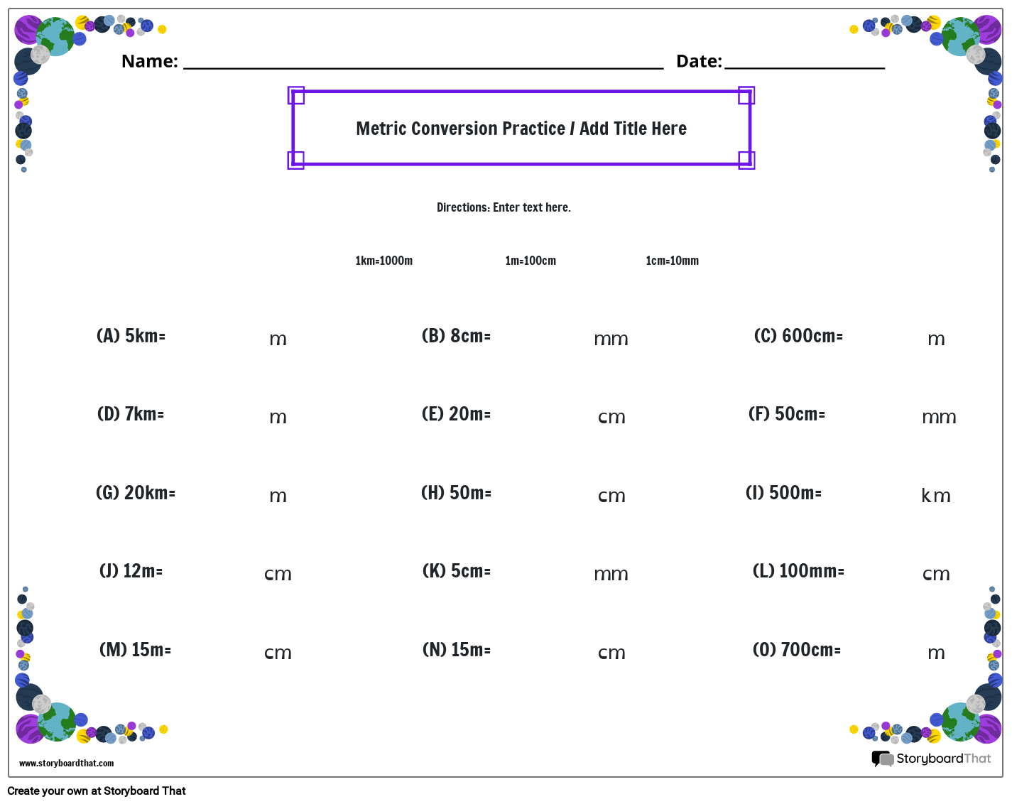 Metric Units of Length Worksheet with Planets Border